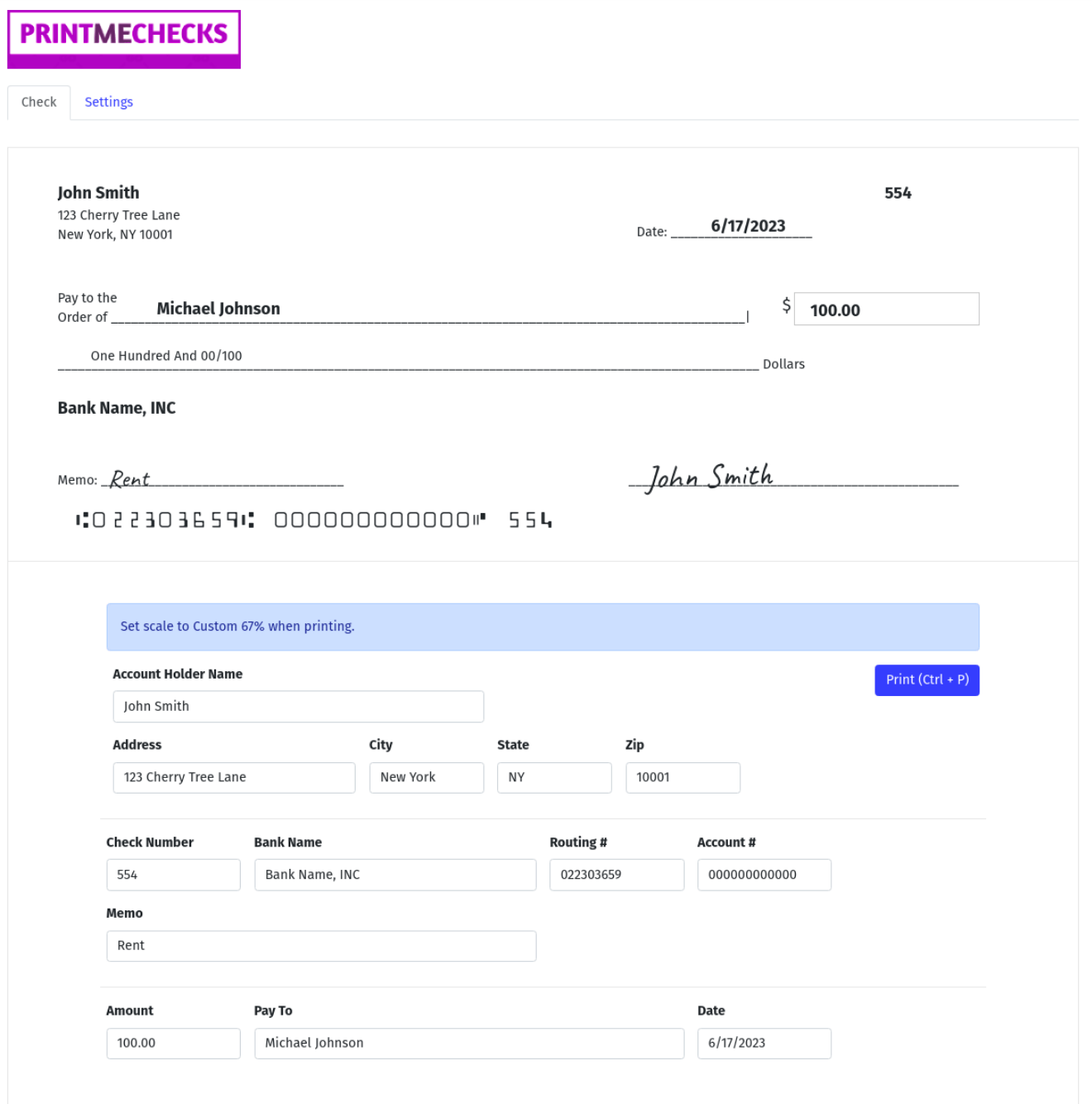 A Simple Vue App for printing checks on 8.5x11 paper